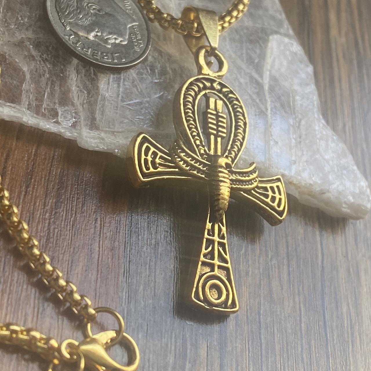 Ornate Gold Egyptian Ankh Pendant Necklace 24” chain... - Depop