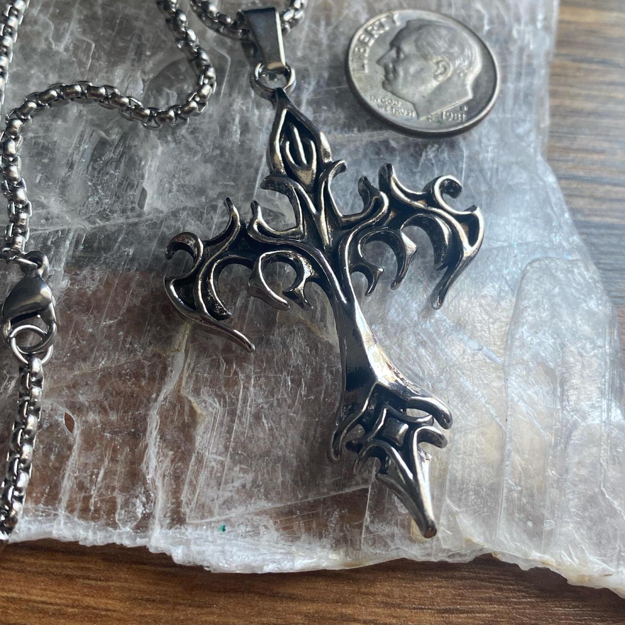 Silver Steel Goth Fire Cross Pendant Necklace steel... - Depop