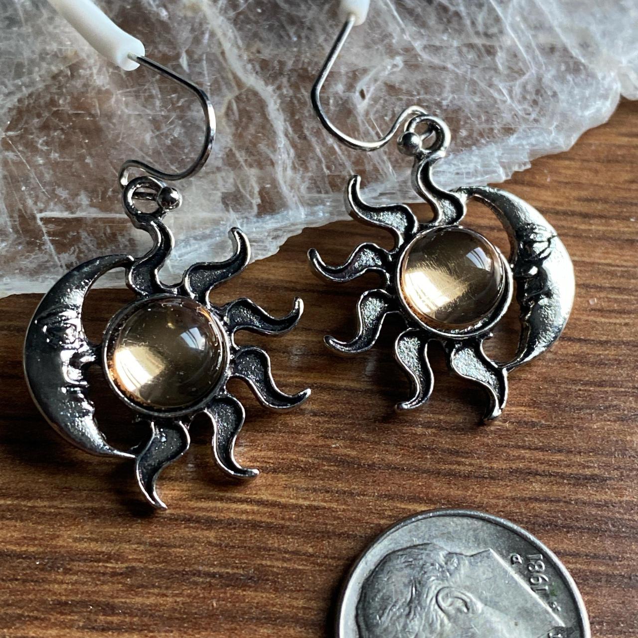 Silver pewter sun and moon glss accent earrings #sun... | Depop