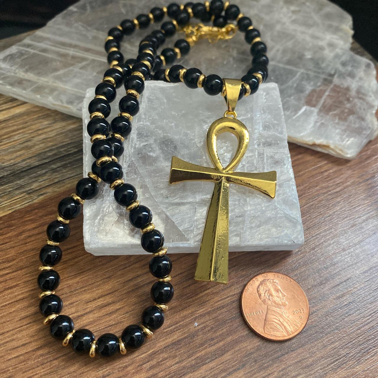 Egyptian Goth Black and gold Bead Ankh necklace with... | Depop