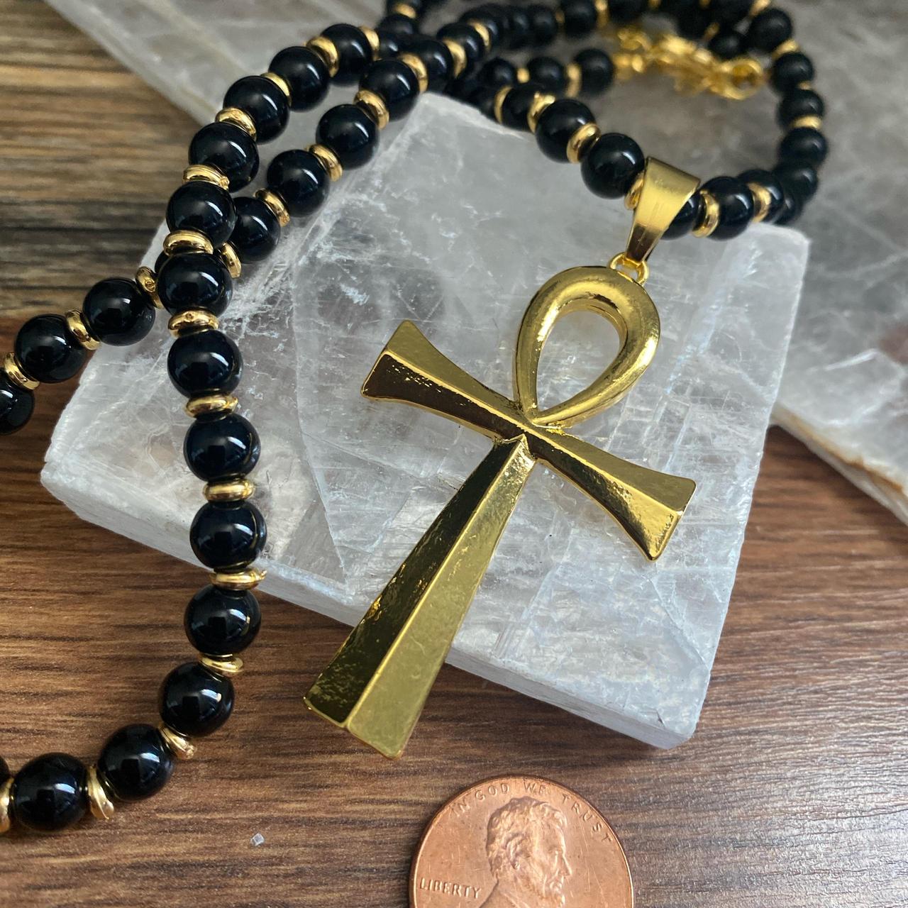Egyptian Goth Black and gold Bead Ankh necklace with... | Depop
