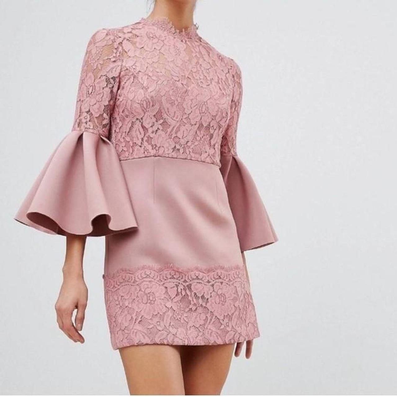 asos design pink lace mini dress with statement... | Depop