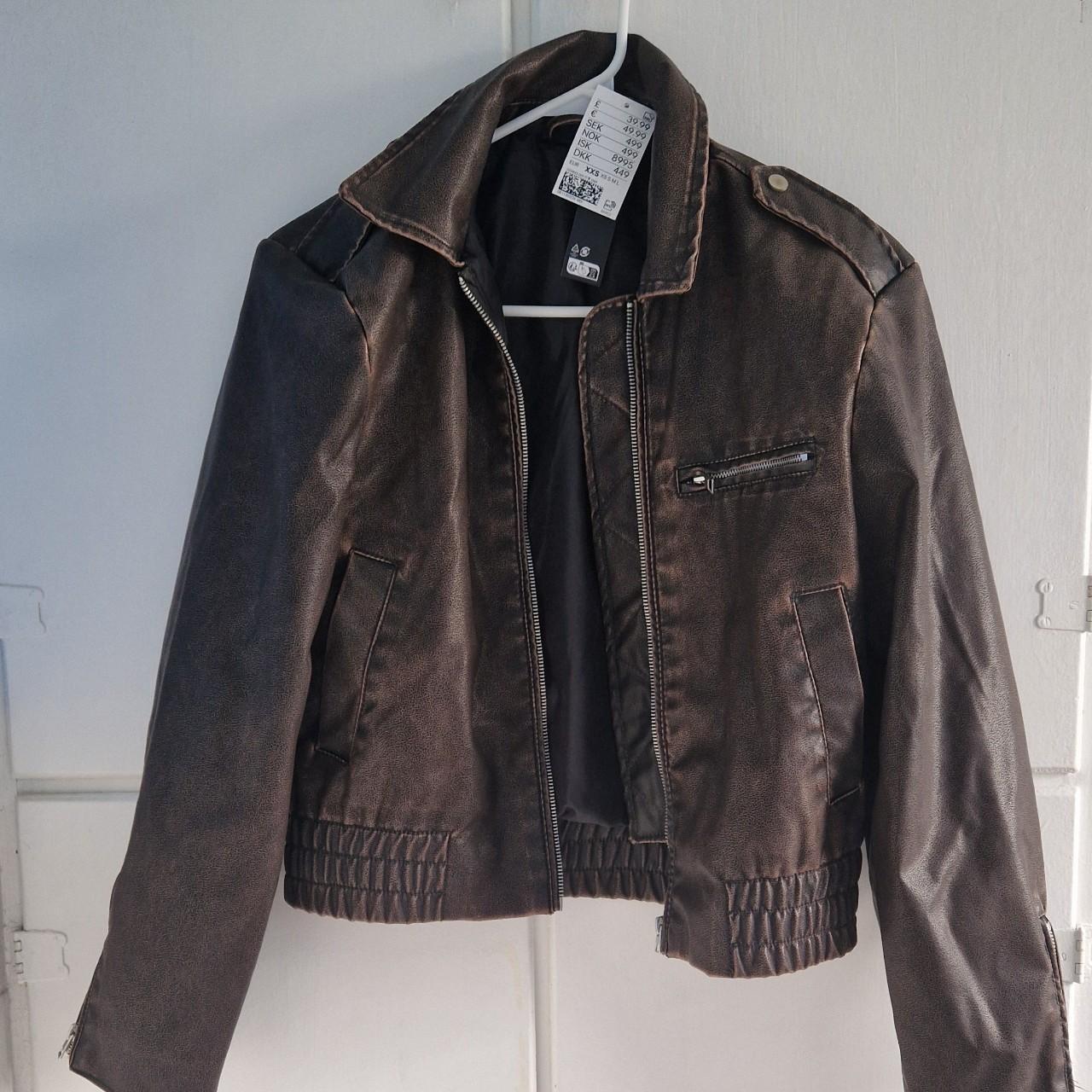 H&M brown leather jacket In great condition - never... - Depop