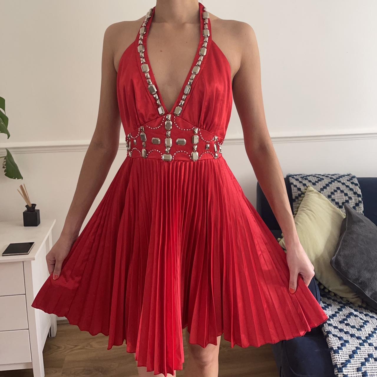 Halter neck red dress with silver detail 90s/ Y2K - Depop