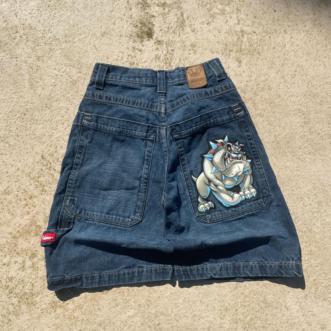 JNCO skater shorts with bulldog patch on back pocket | Depop