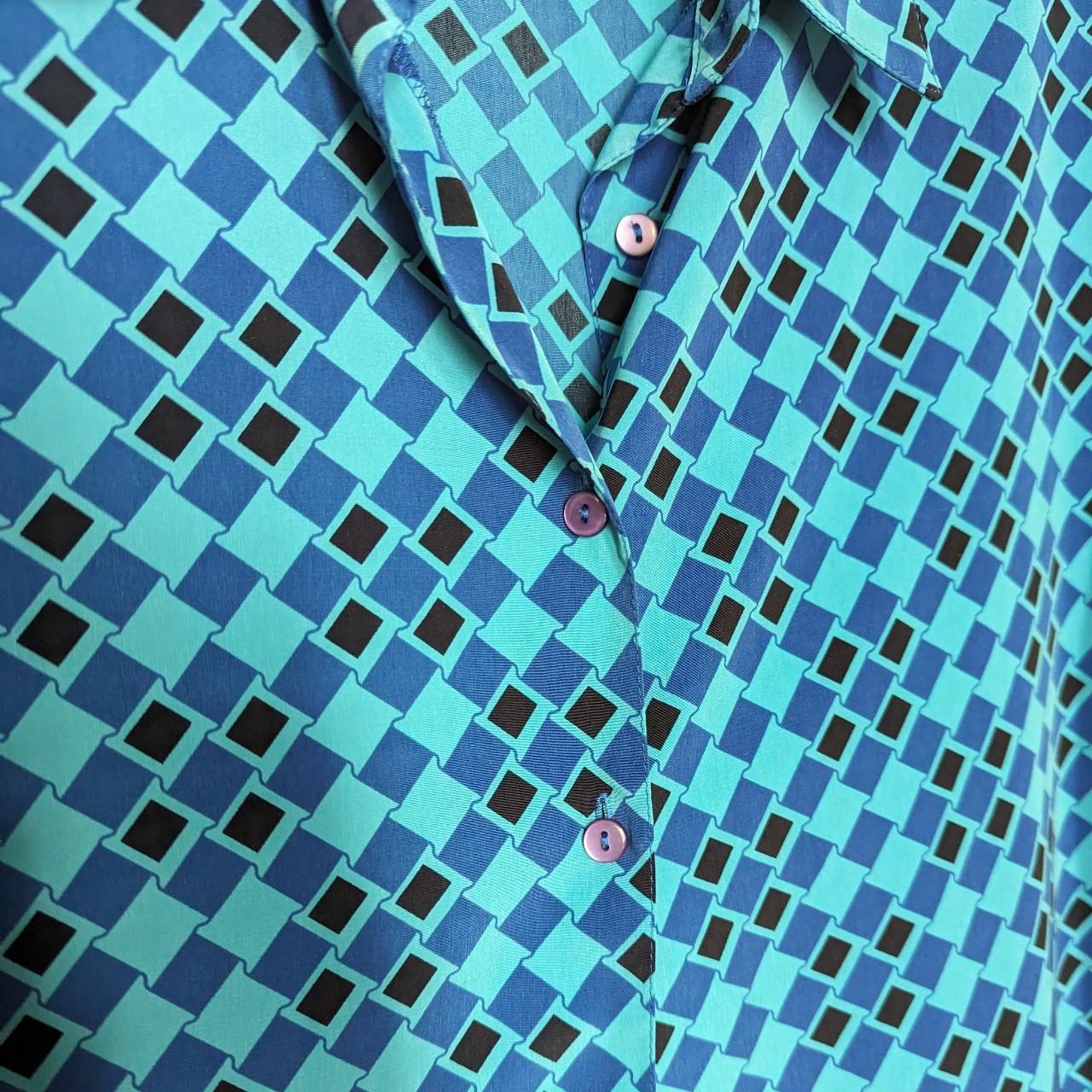 Vintage 80s/90s turquoise/royal blue button up silky... - Depop