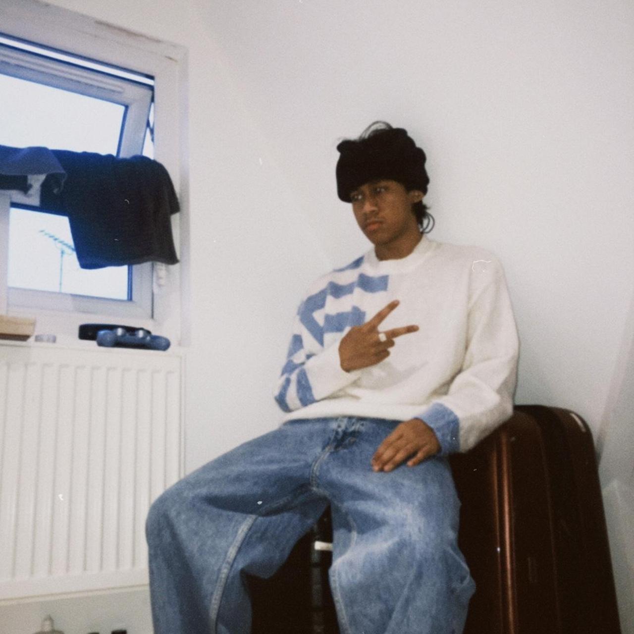 Topman crewneck jumper with linear stripe in blue - Depop