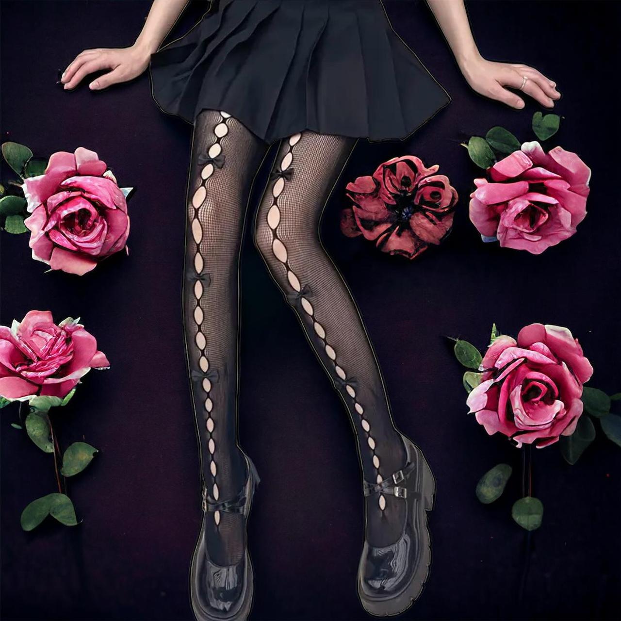 Bow Decor Ripped Holes Tights, Hollow Out Slim Fit... - Depop