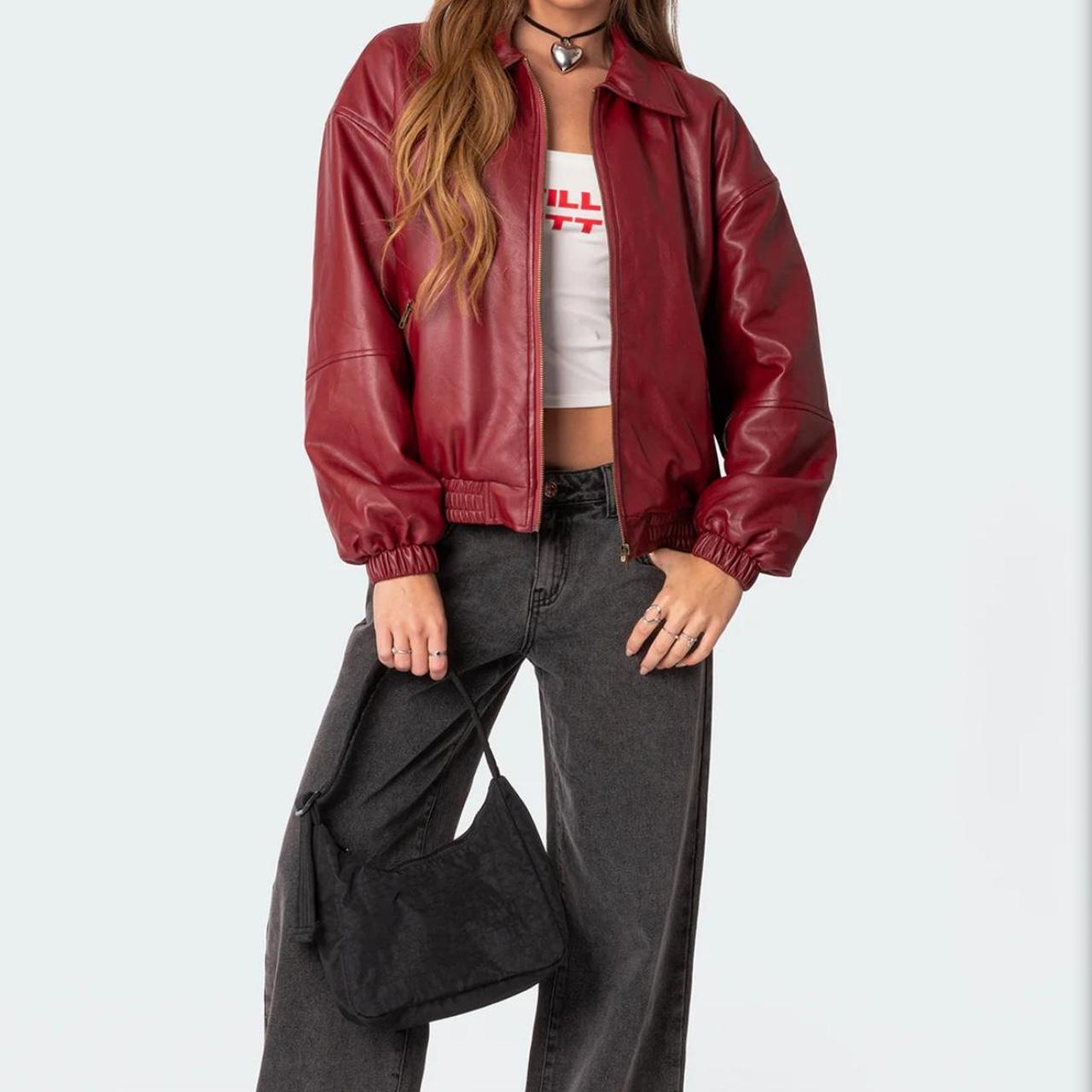 EDIKTED red faux leather bomber jacket! so cute NWT... - Depop