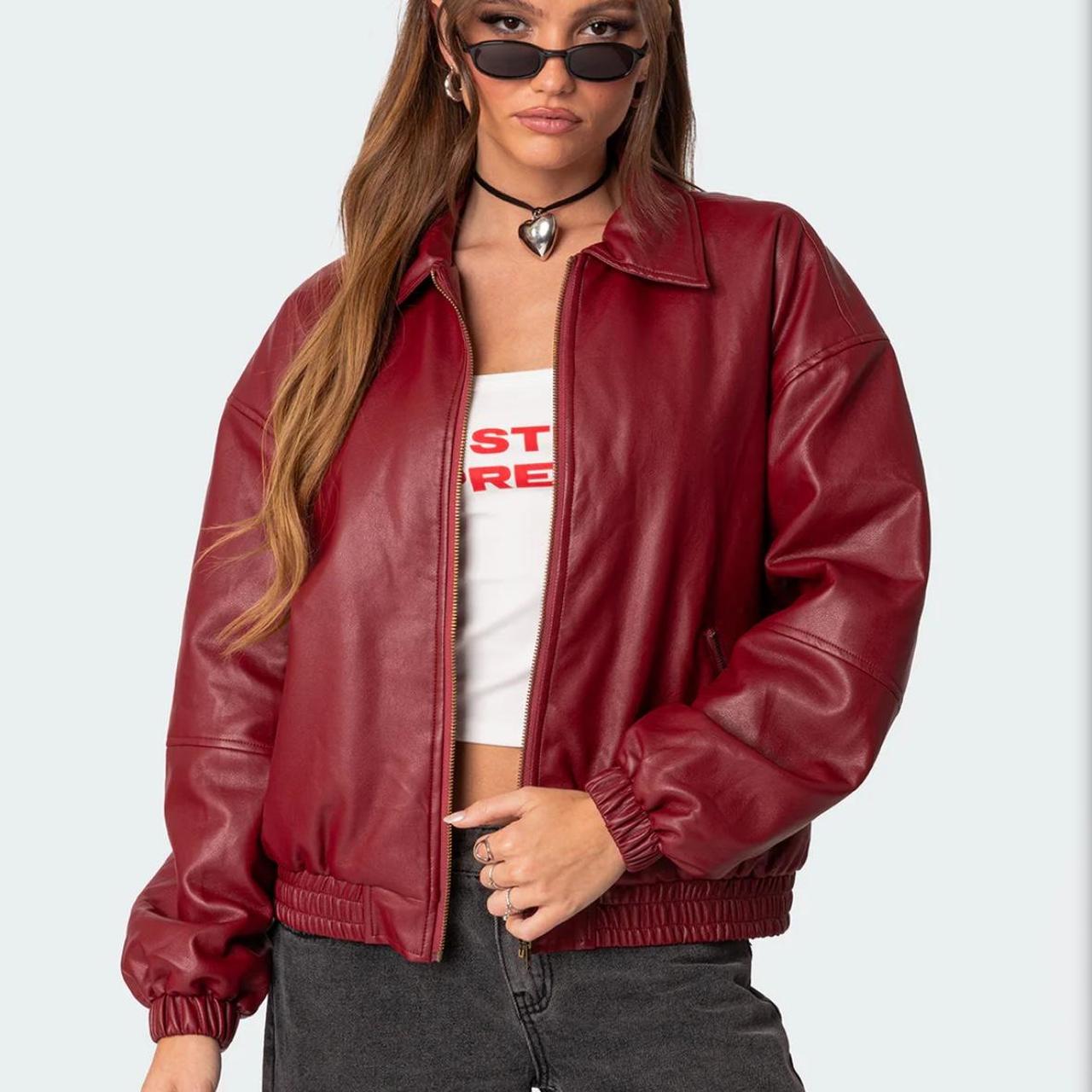 EDIKTED red faux leather bomber jacket! so cute NWT... - Depop