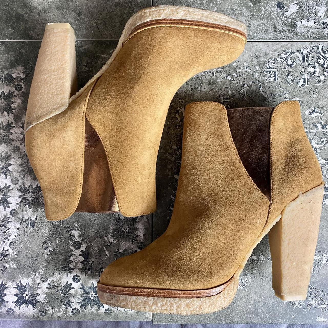 Tan Beige Suede Ankle Boots Bronze Metallic Details... - Depop