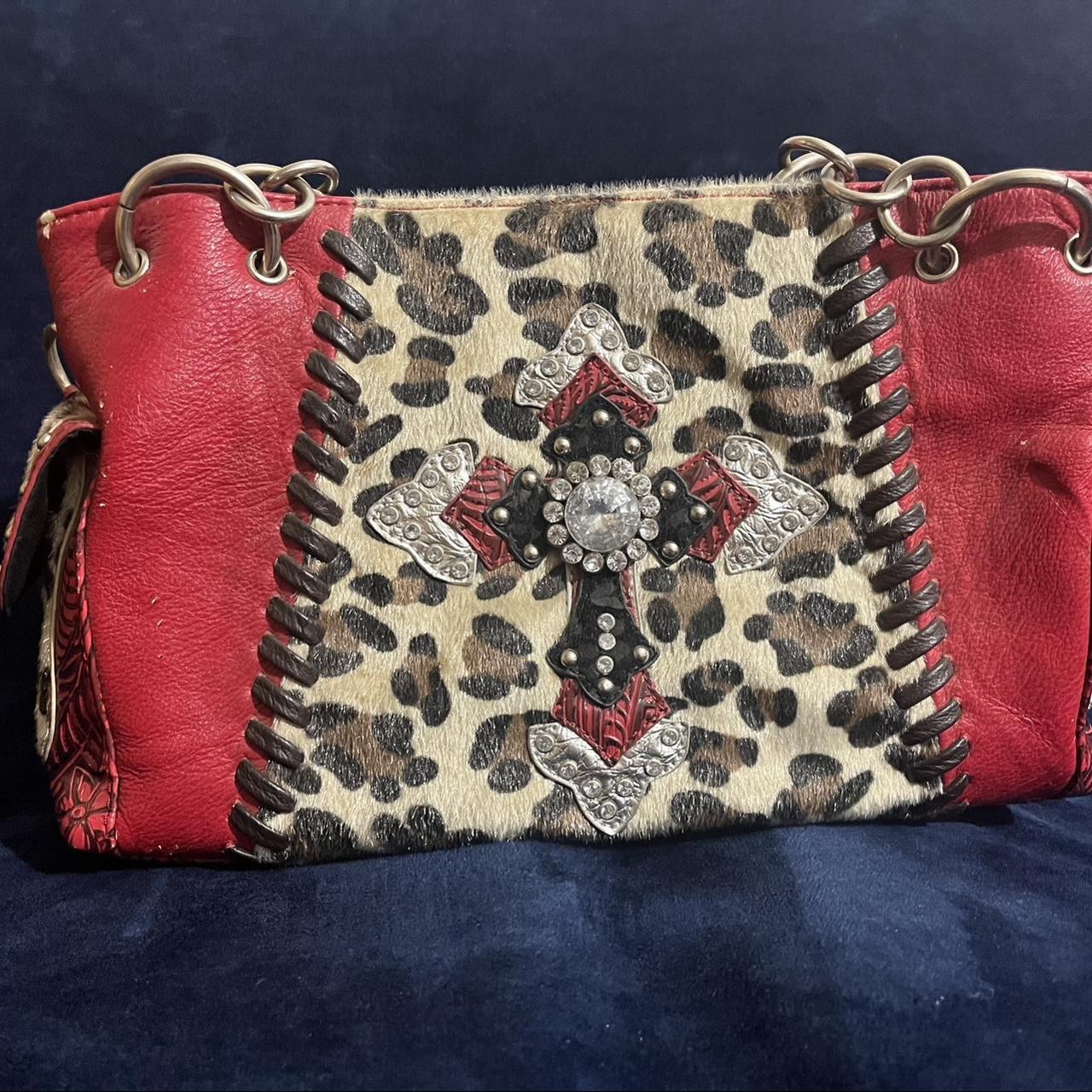 leopard red purse cross accent stitching rhinestone... - Depop