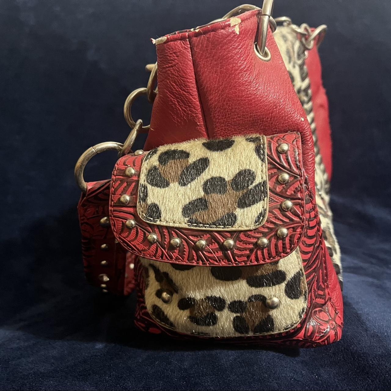 leopard red purse cross accent stitching rhinestone... - Depop