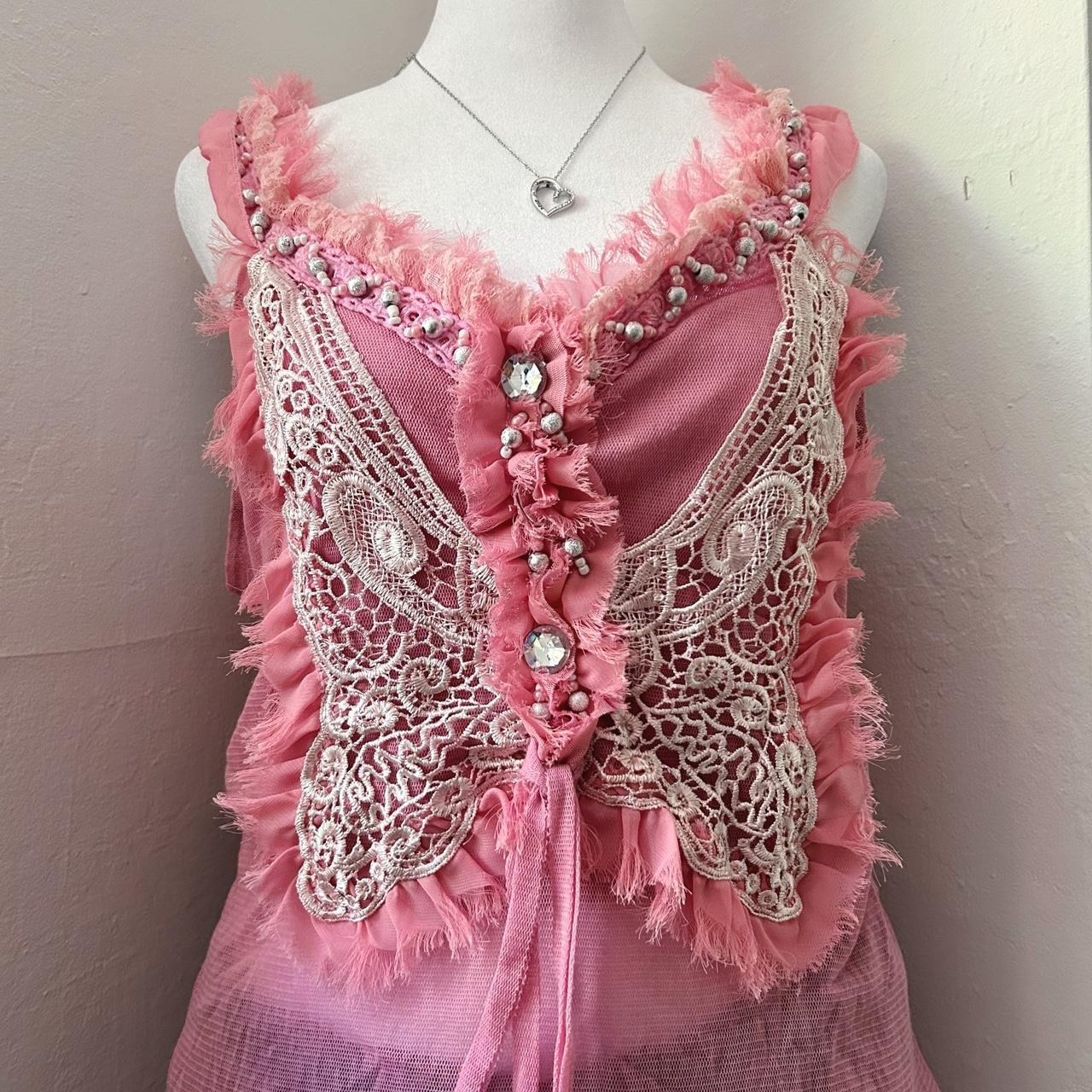 vintage pink and white lace and ruffle fairy top... - Depop