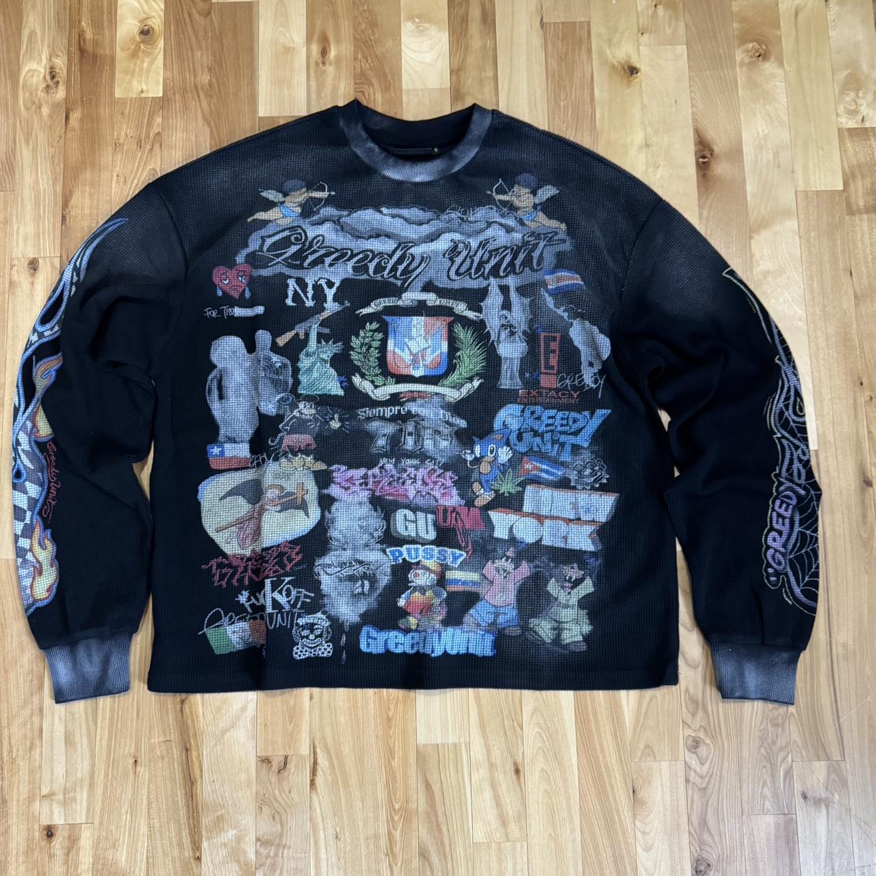 Greedy unit black all over print long sleeve -sold... - Depop