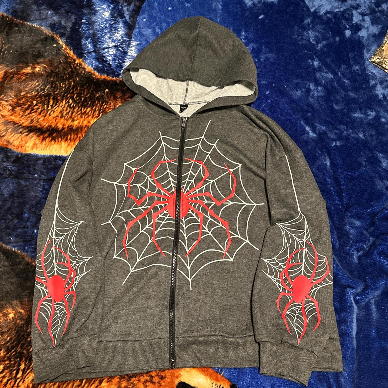 Grey and red spider web zip up hoodie #goth #emo... - Depop