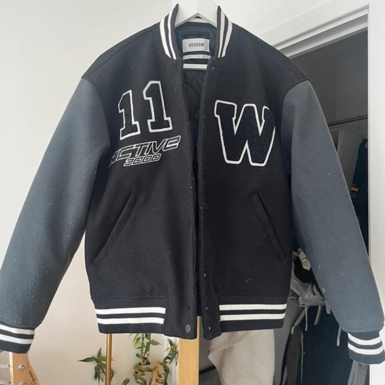 Weekday Bomber varsity jacket Size S Black and grey... - Depop