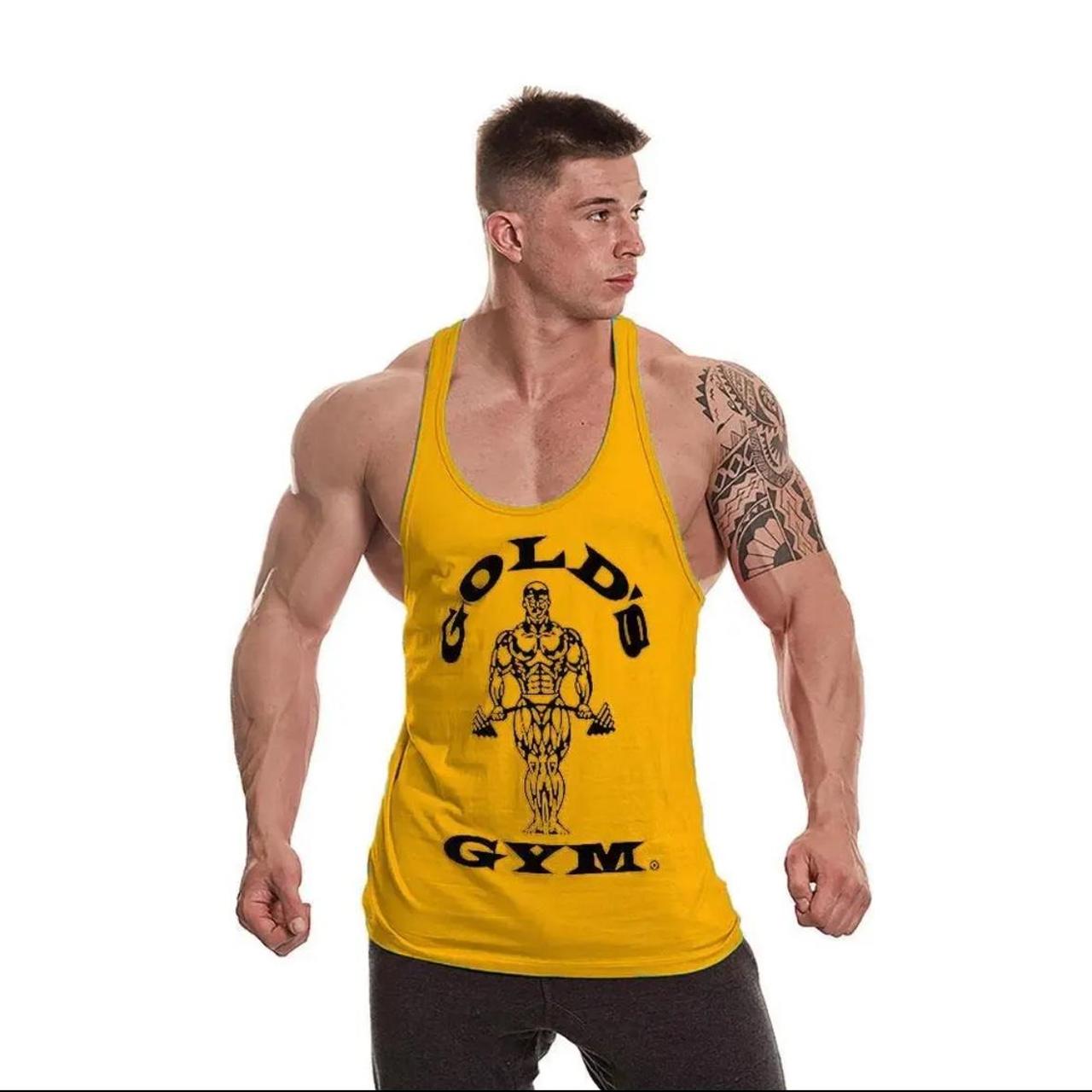 Yellow and black Gold s Gym muscle tank top gymwear Depop