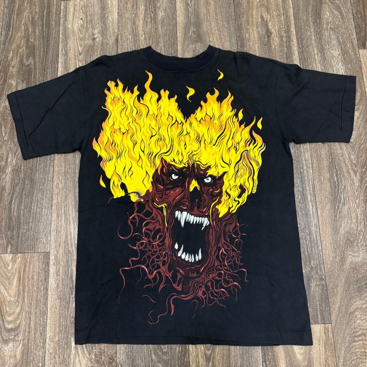 Vintage 1995 Burning Devil Head Shirt Men's Large... - Depop