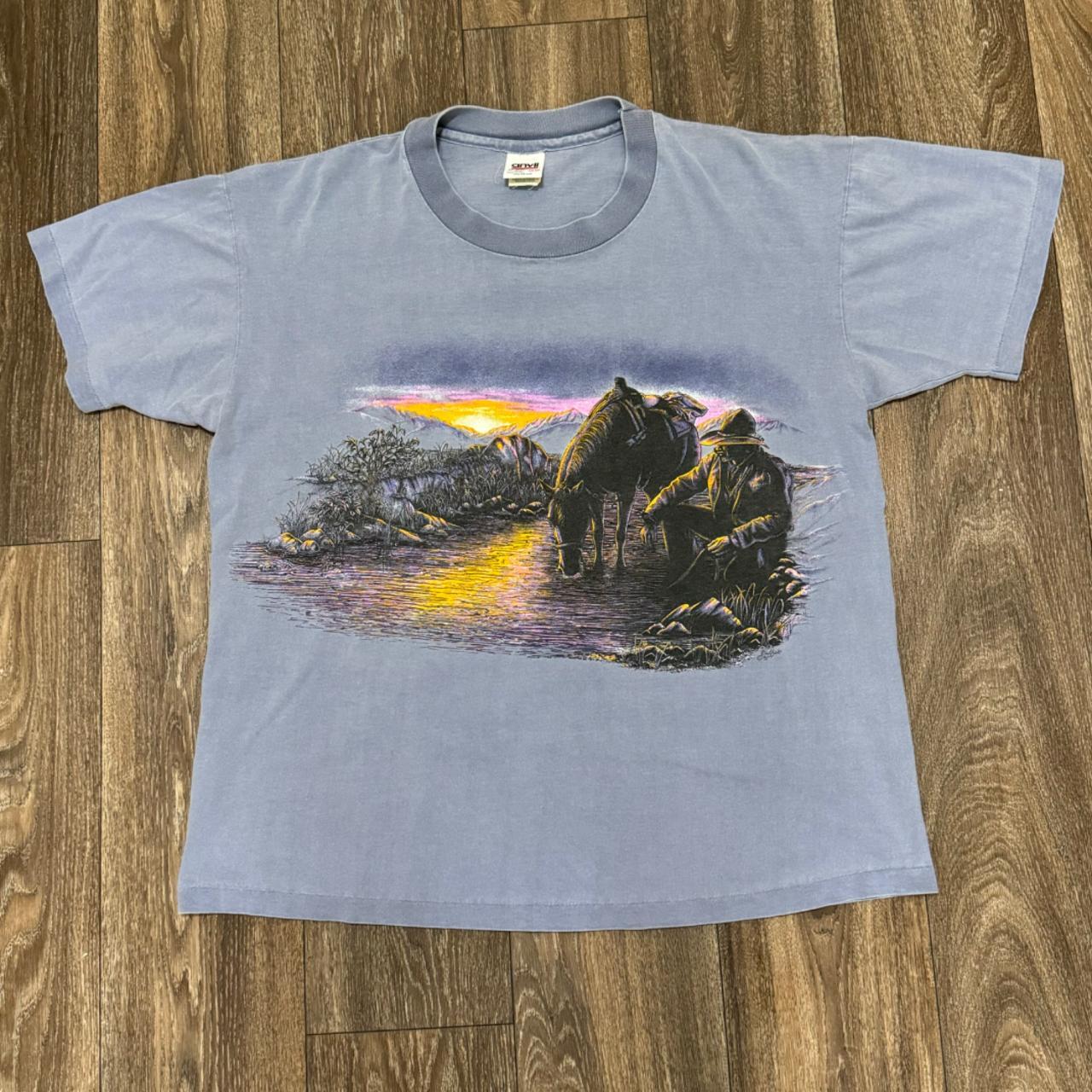 Vintage Anvil Buffalo Shirt Cowboy Sunset Horse... - Depop