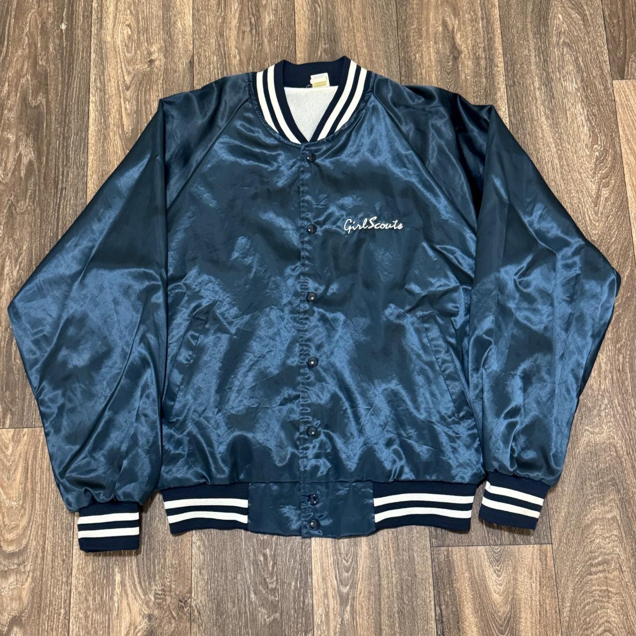VTG Girl Scouts Jacket Adult XL Blue Nylon Satin... | Depop