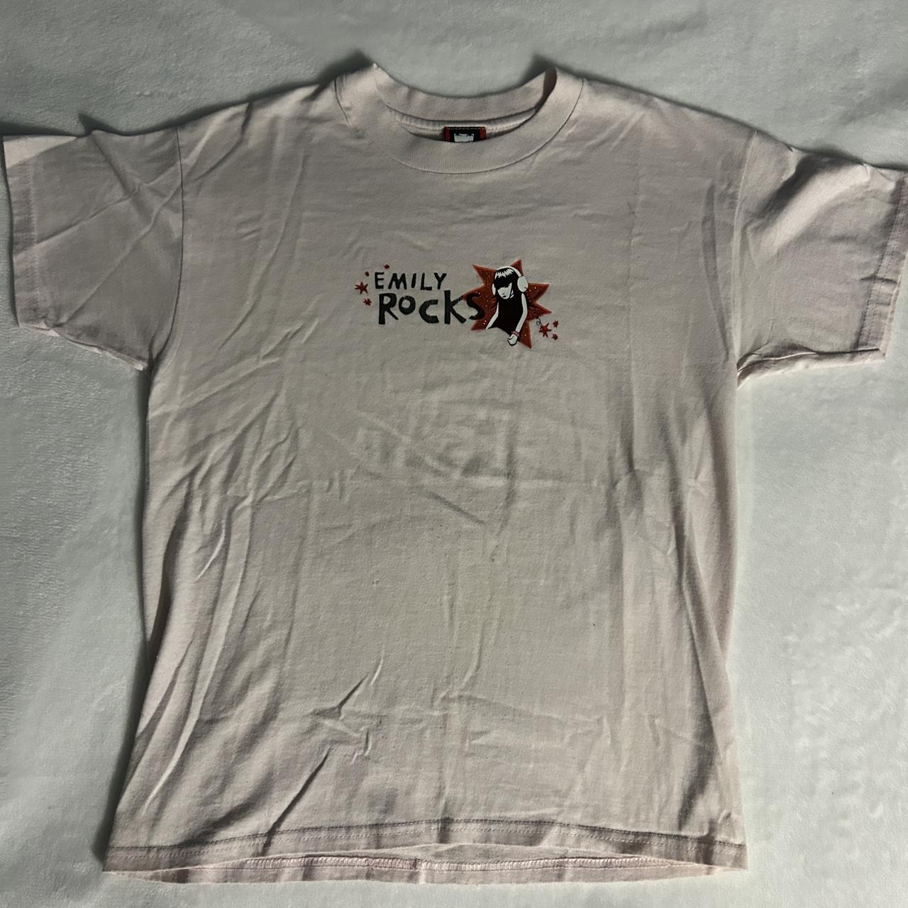 Baby pink Emily rocks tee shirt a bit faded and worn... - Depop