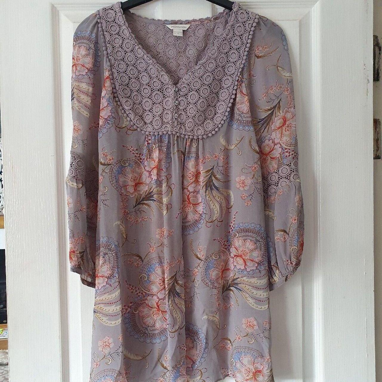 Monsoon Floral Tunic Blouse With Crochet Neck And... - Depop