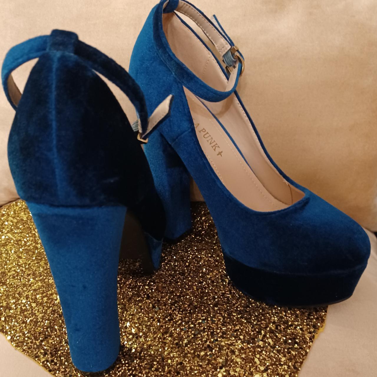 Blue velvet platform high heel shoes, bought in... - Depop