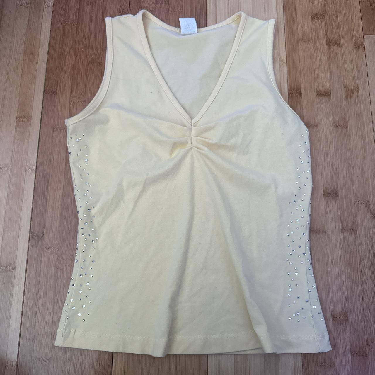 Pastel yellow y2k rhinestone top. Size Large. Small... - Depop