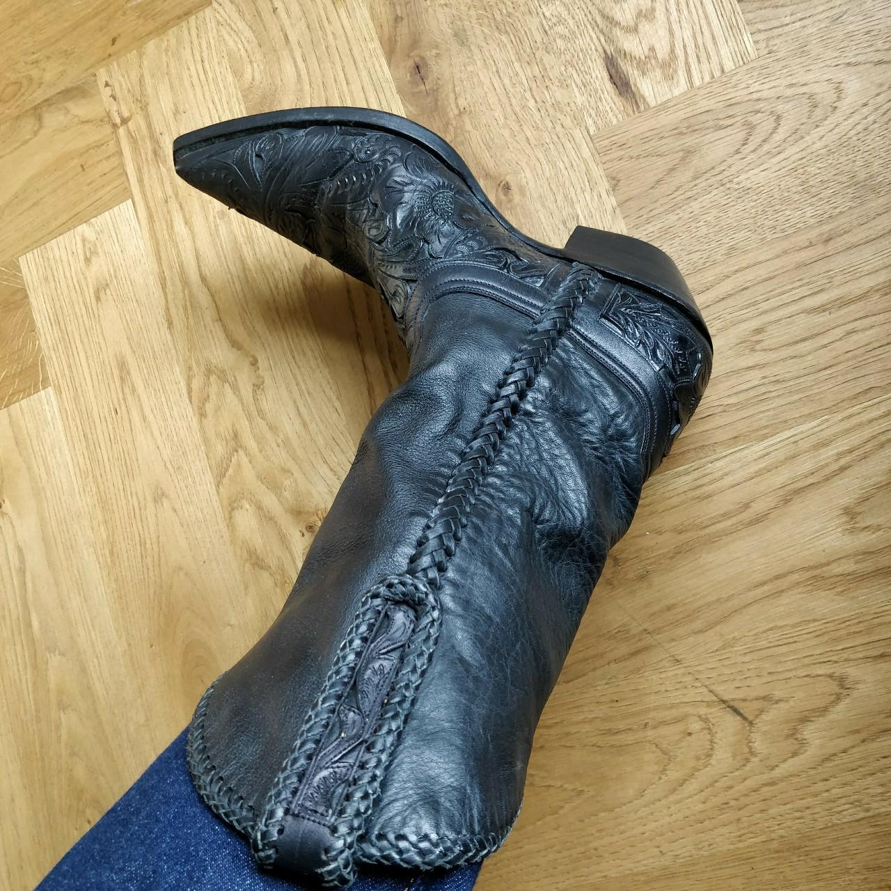 Black leather hand tooled cowboy/gringo boots.... - Depop