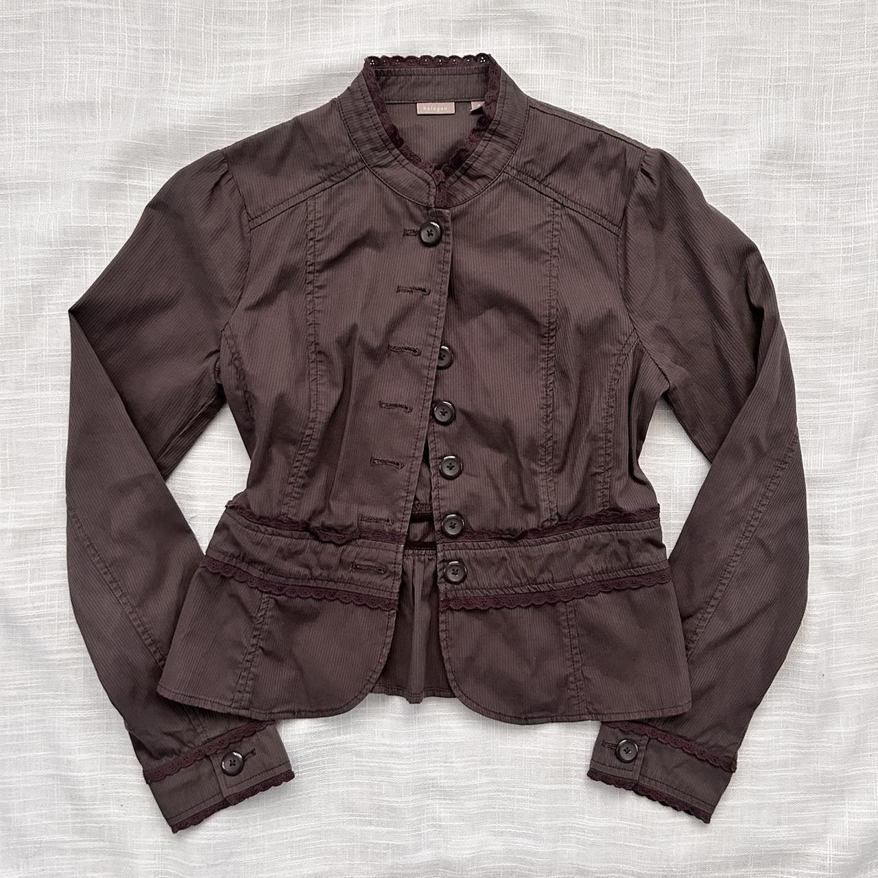 Brown Pinstripe Lace Collar Button Up Jacket... - Depop