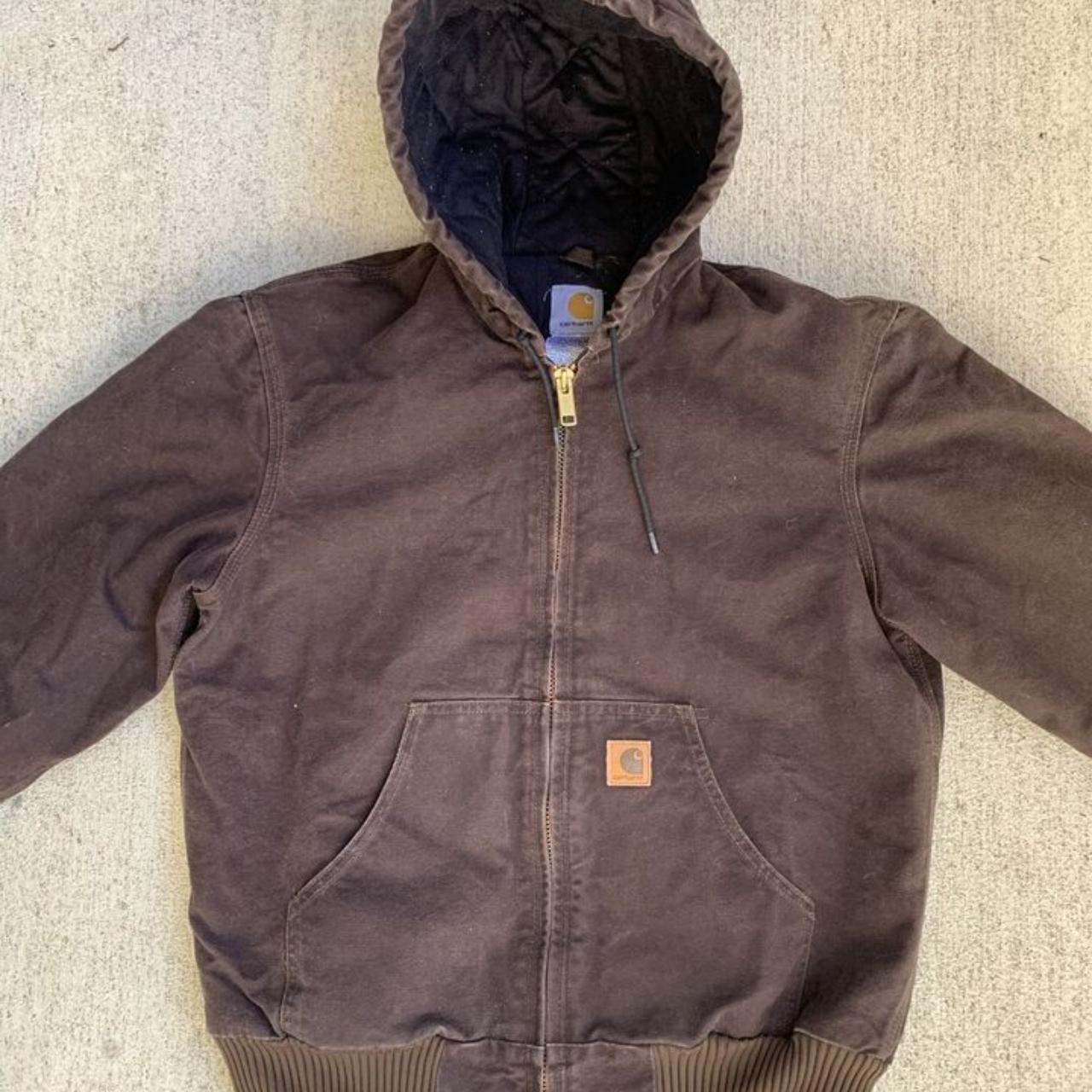 Carhartt Hoodie Jacket SMALL J130 Dark Brown Quilt... - Depop