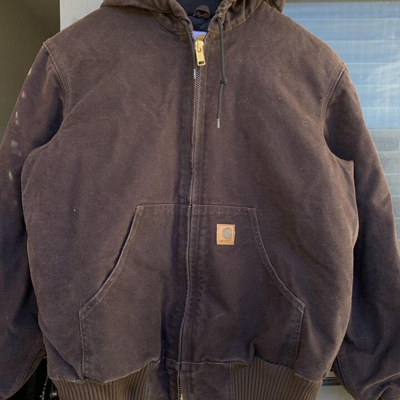 Carhartt Hoodie Jacket SMALL J130 Dark Brown Quilt... - Depop