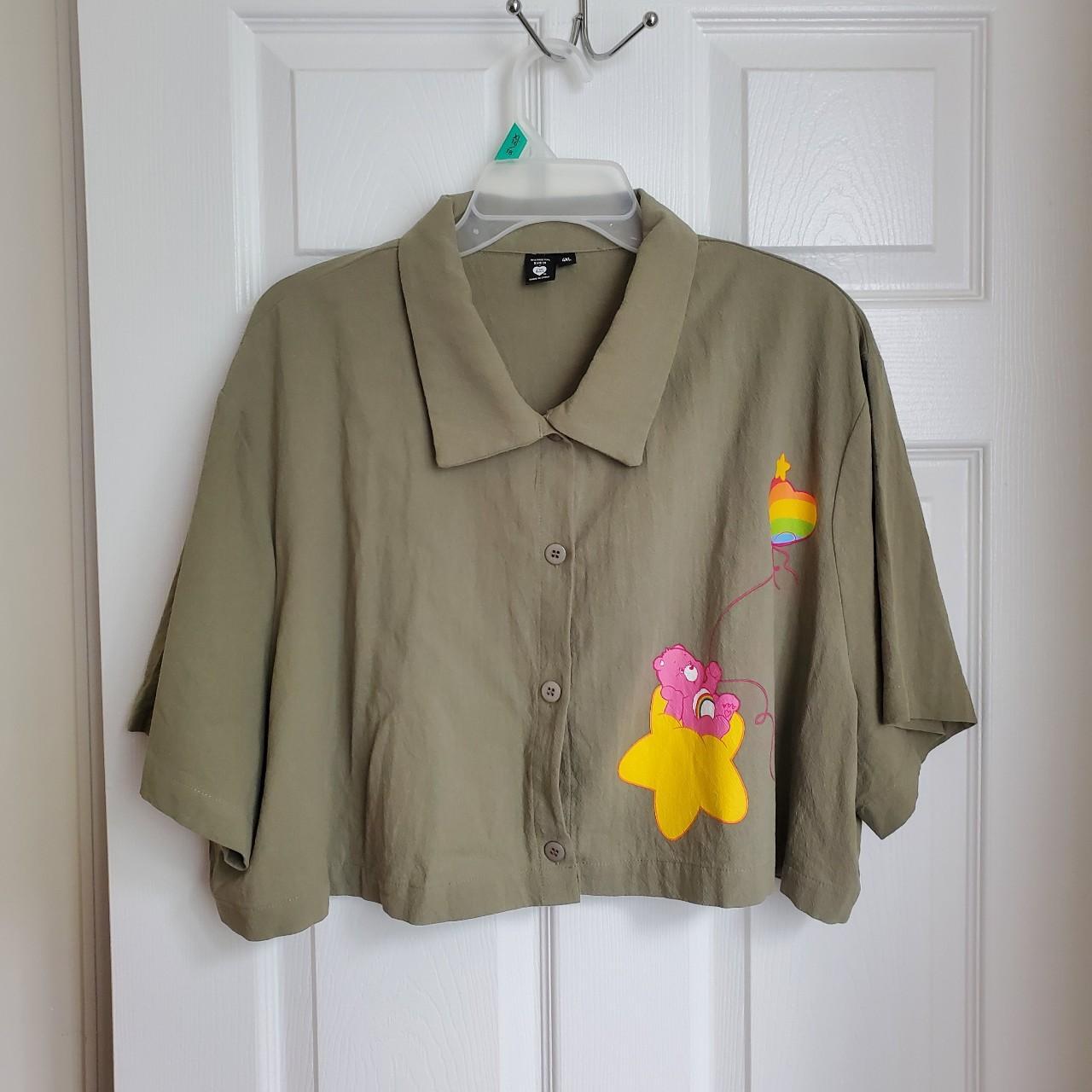 CareBears Army Green Cropped Button-down -Worn... - Depop