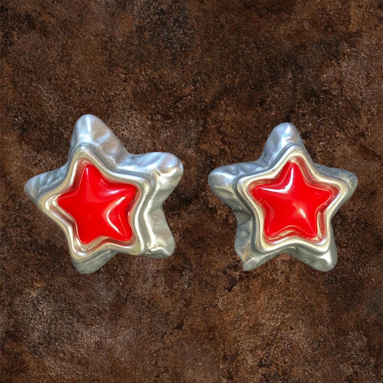 Red & Silver star earrings •No PayPal •Slightly... - Depop