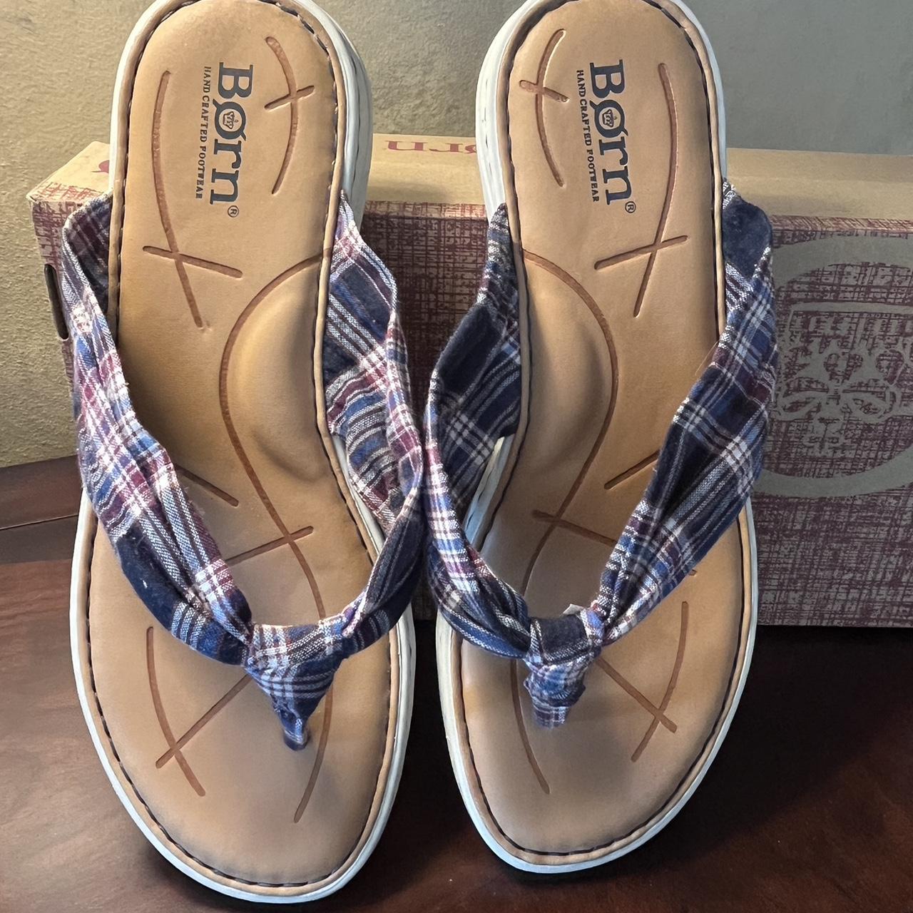 Born Ladies Navy Multi Fabric Size 7 Thong Flip... - Depop