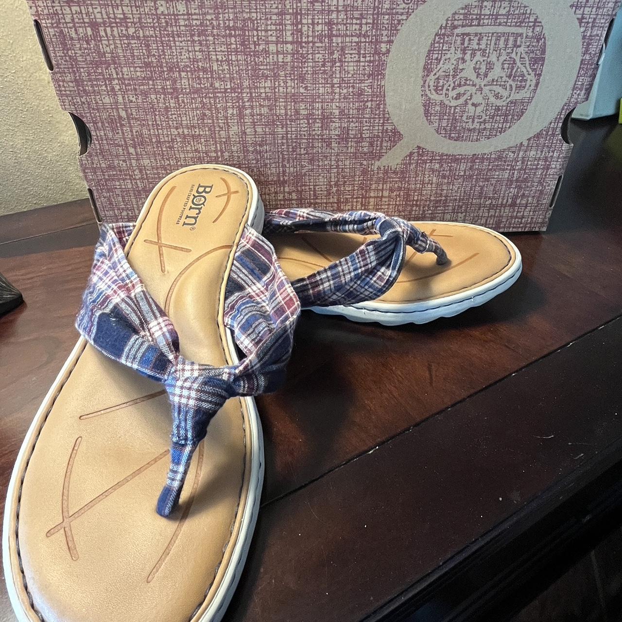 Born Ladies Navy Multi Fabric Size 7 Thong Flip... - Depop