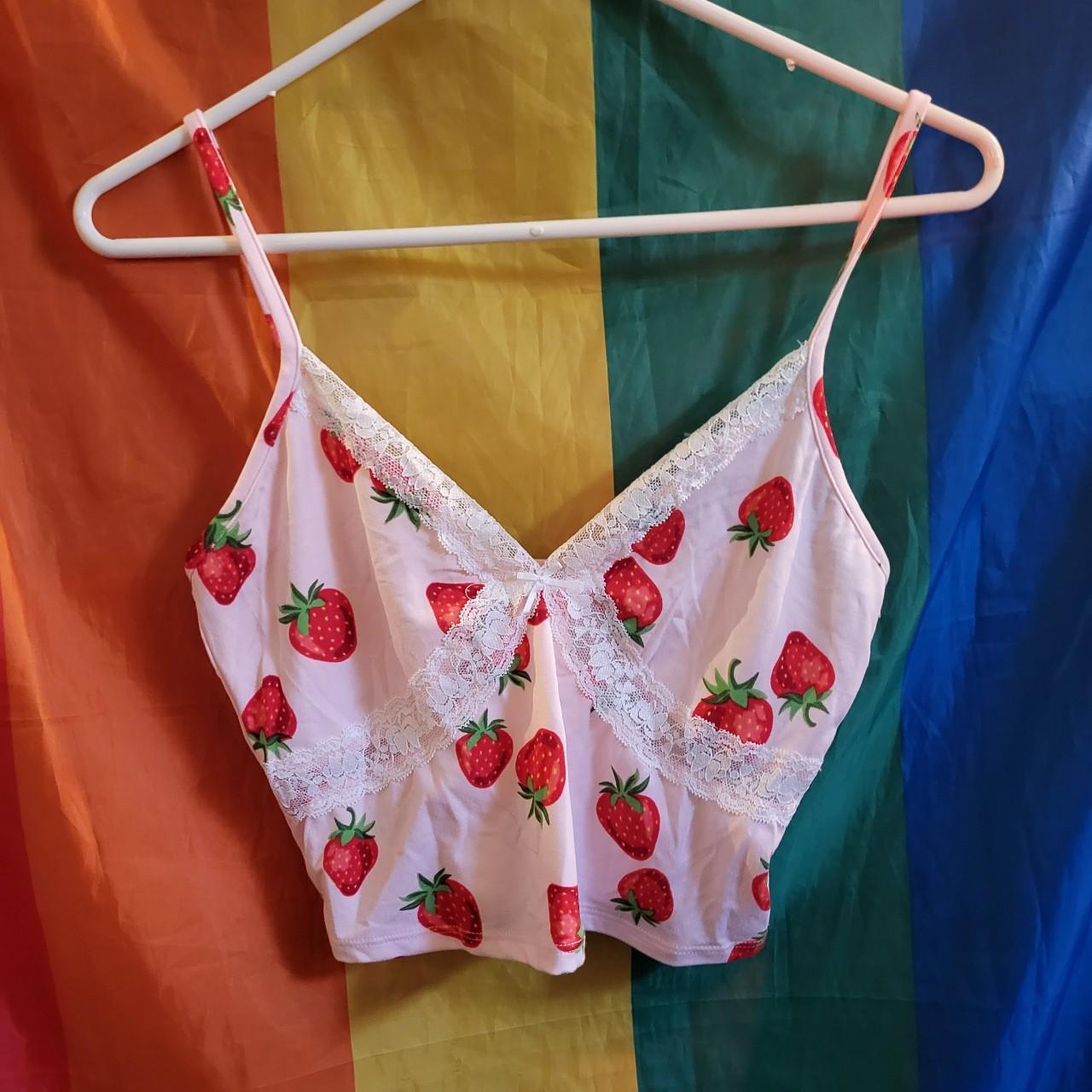 strawberry, lacy, crop top. bnwt. silky material and... - Depop