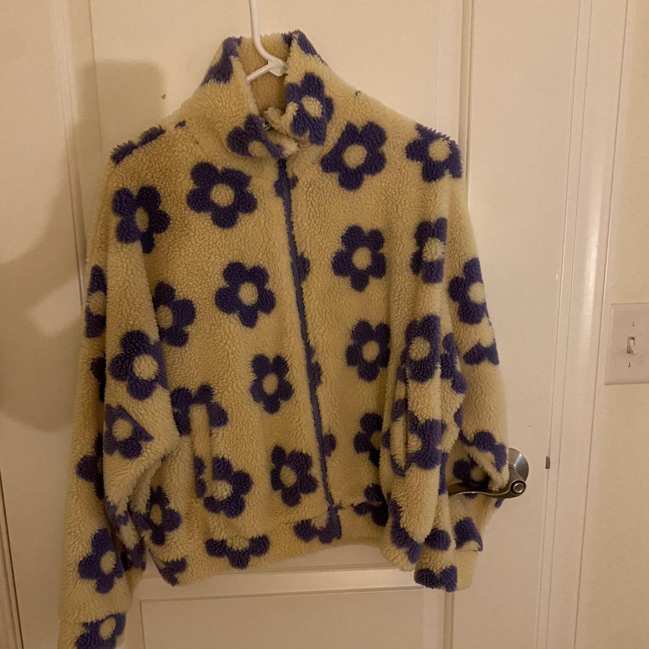 cute purple and yellow fluffy jacket - Depop