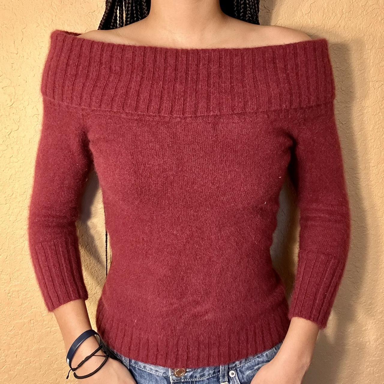 Burgundy Off the Shoulder Wool Top by Banana... - Depop