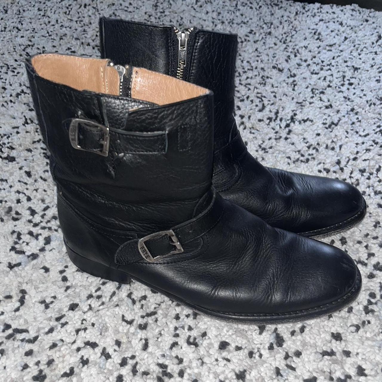 black leather frye moto boots // most comfortable... - Depop