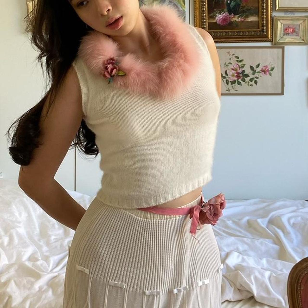 Blugirl Angora Jumper with Pink Fur and Floral... - Depop