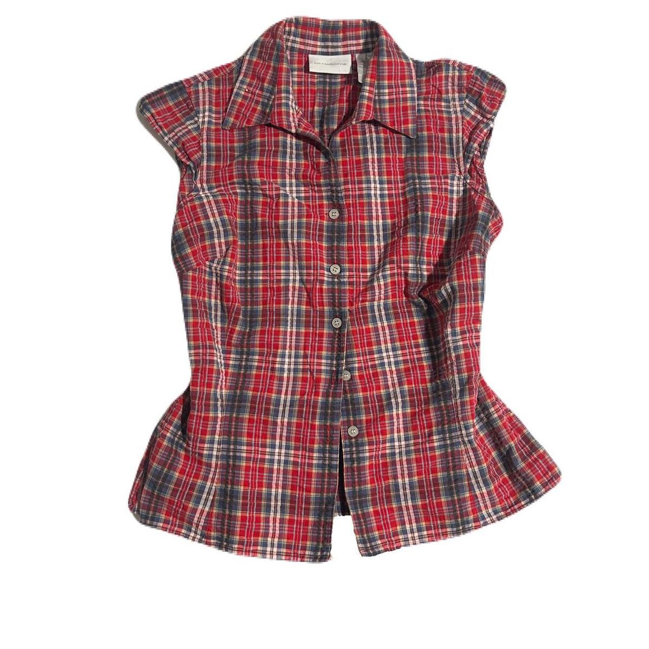 Red plaid fitted button up blouse Brand Liz... | Depop