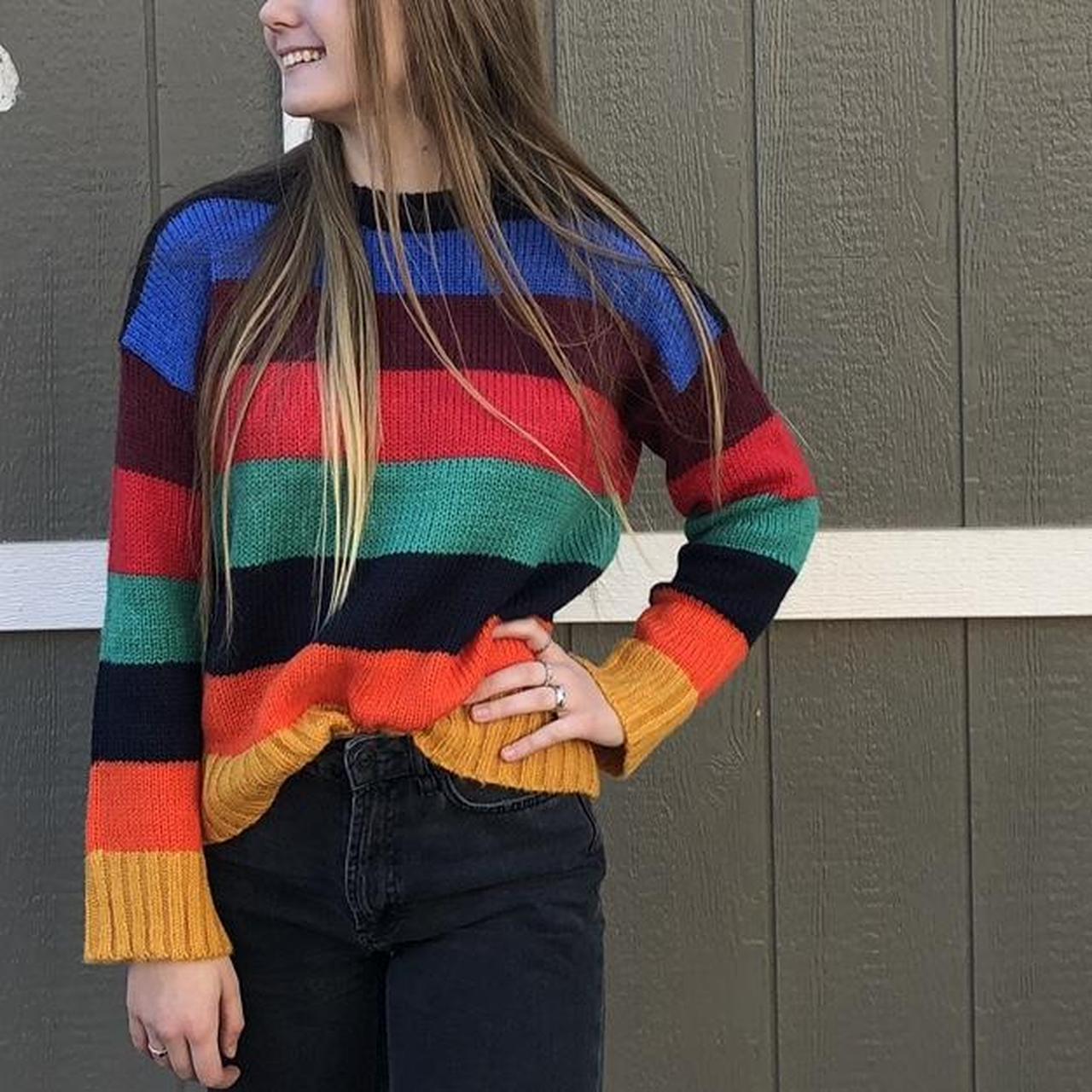 small colorful striped sweater from urban... - Depop