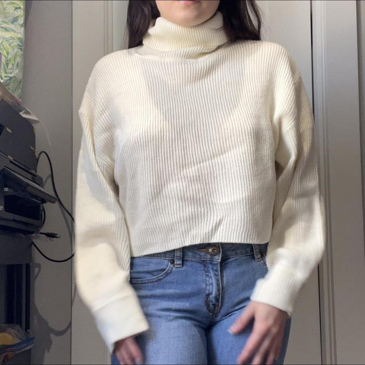 Cream cropped turtleneck sweater Rib knit oversized... - Depop