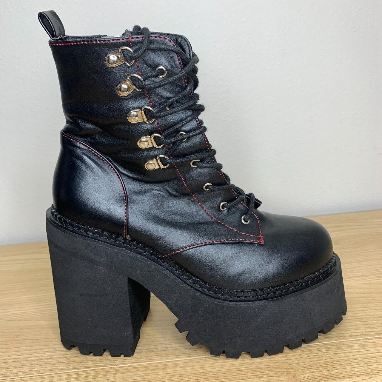 Demonia Assault 100 Heel Platform Boots Size 8 Red... - Depop