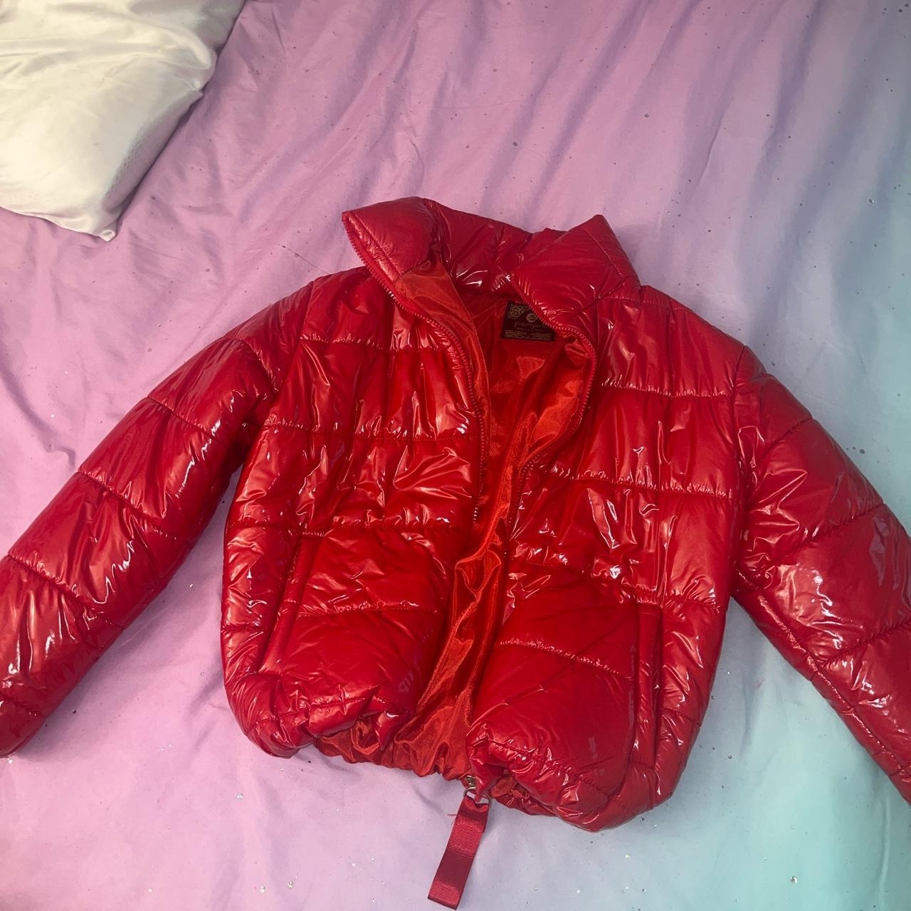 Red vinyl cropped puffer . Bought in Europe Size M/L - Depop