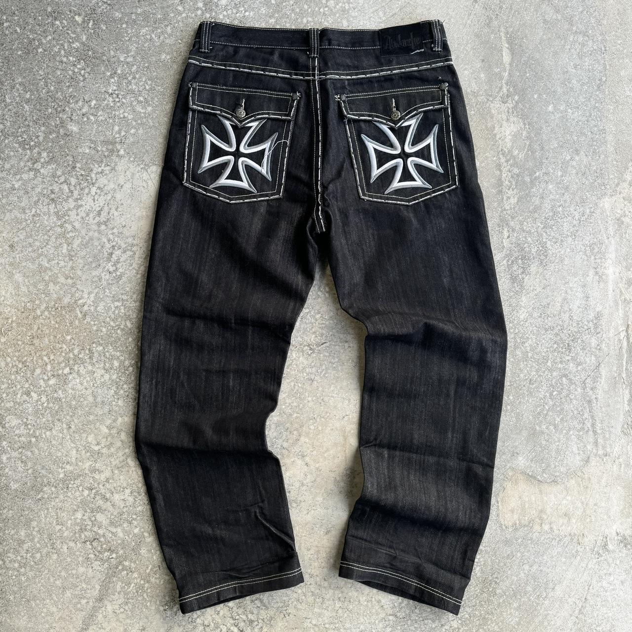 Black embroidered cross jeans with white stitching... - Depop