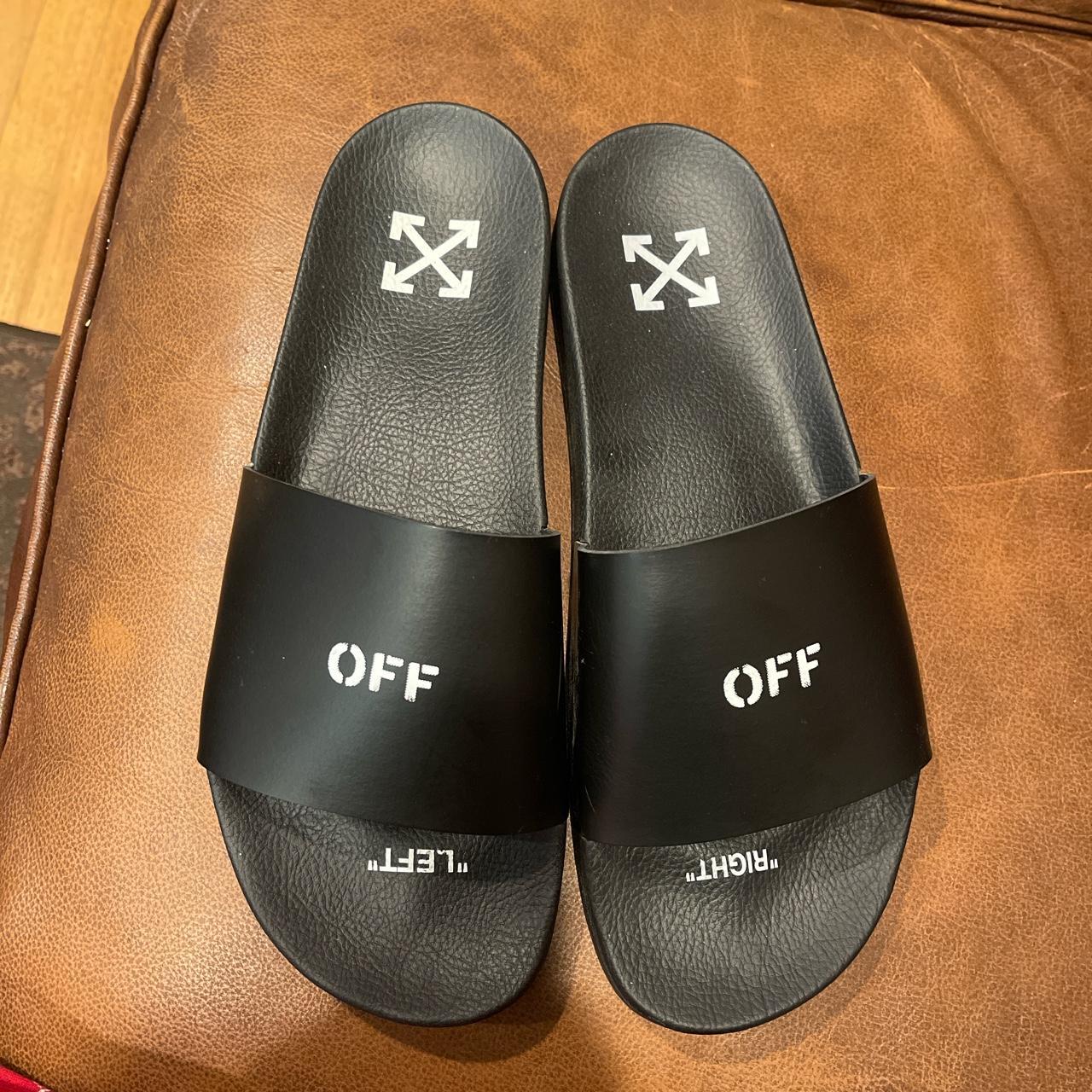 Off-White Men's Black and White Slides | Depop