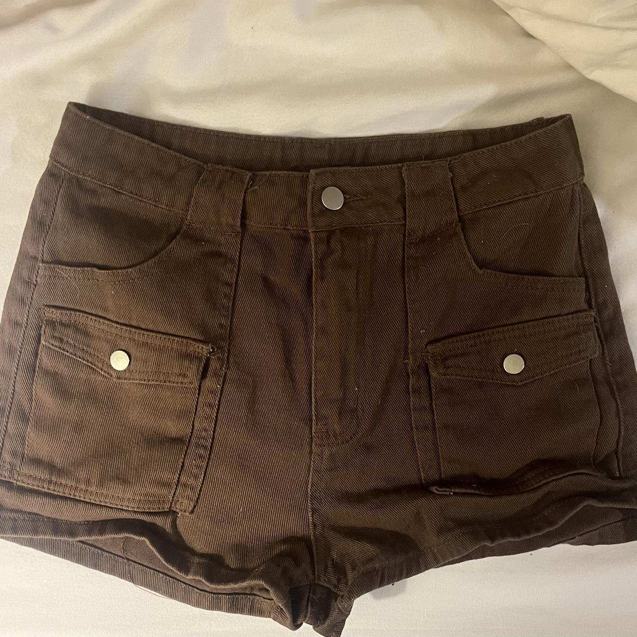 brown cargo denim shorts! there are two pockets on... - Depop